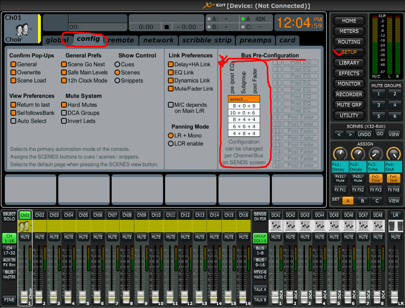 x32에서 bus setup (#버스출력을 프리 포스트 조정하려면 어떻게 해야 하나요?)